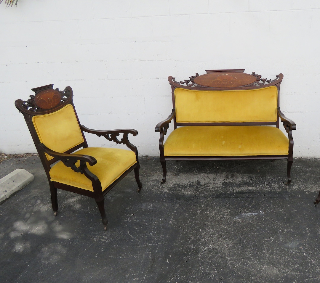Victorian Carved Lion Heads Inlay Parlor Set Loveseat Settee and a ...