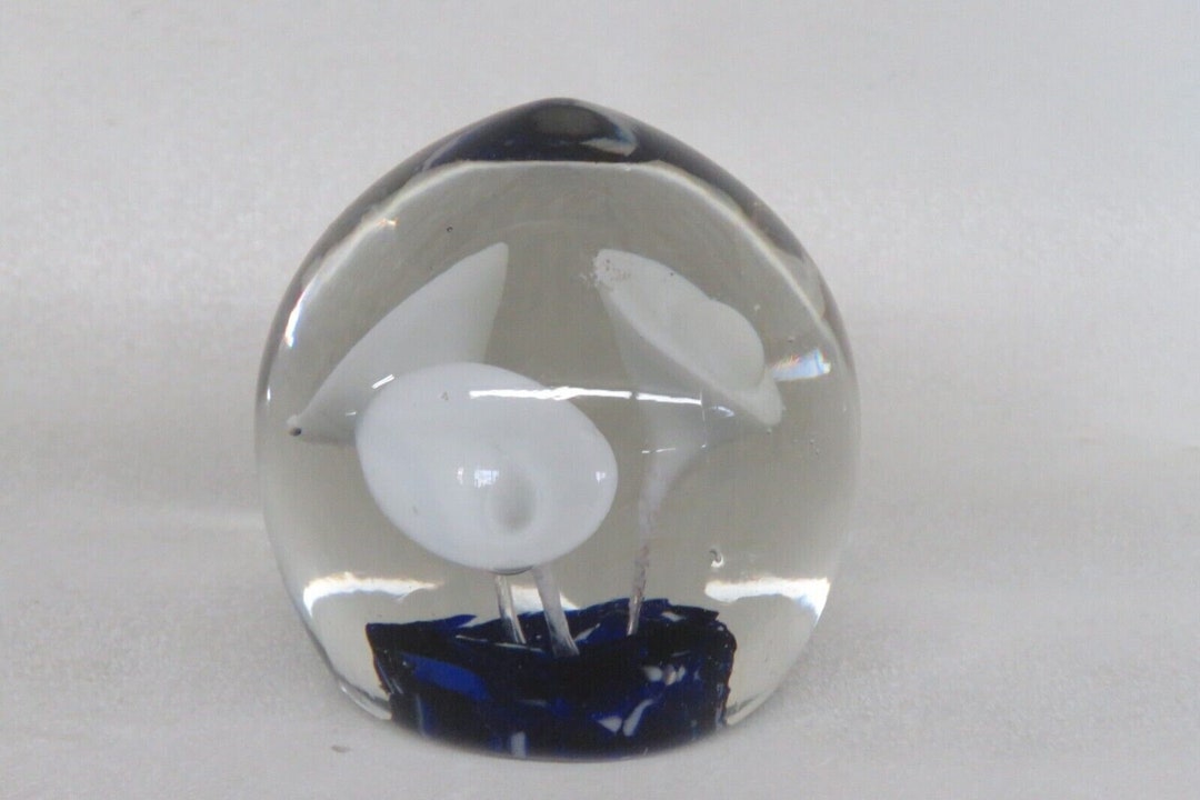 Hand Blown Art Glass White and Blue Calla Lily Flowers Paperweight ...