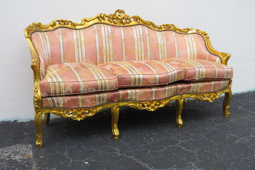 French Rococo Style Heavy Carved Painted Gold Long Sofa Couch 5343 ...