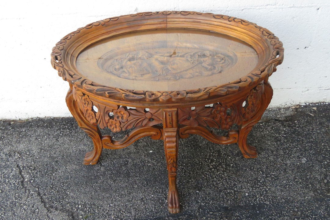 Heavy Hand Carved Cherub Coffee Table With Glass Top Serving Tray 4053 ...