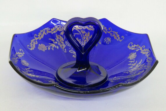 Heart Shape Handle Cobalt Blue Glass Sterling Silver Etched | Etsy
