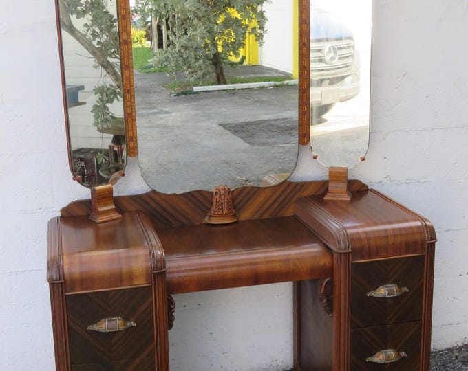 1920s Art Deco Vanity Makeup Table With Inlay Etched Triple Mirror 5563 ...