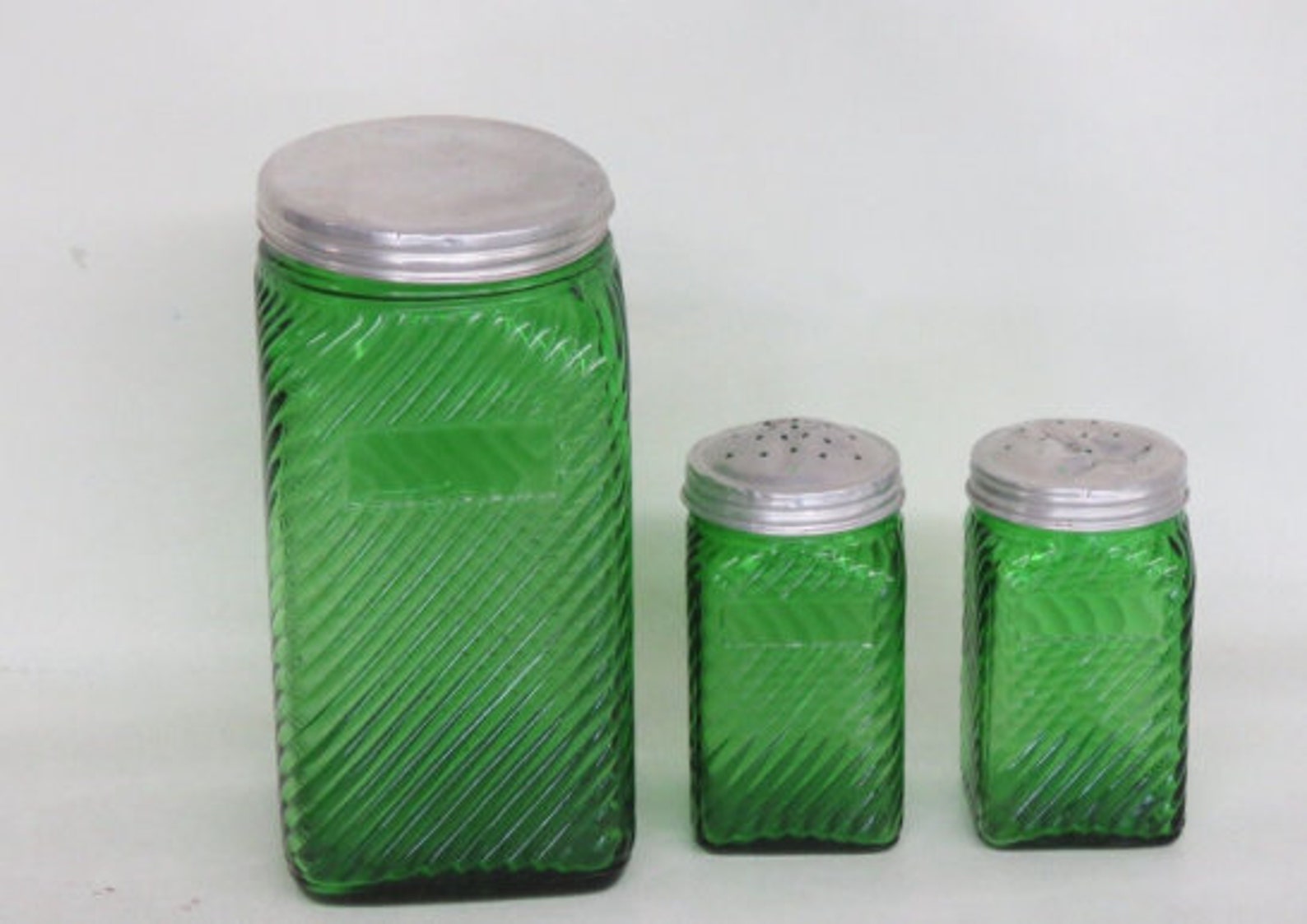 Owens Illinois Diagonal Ribbed Emerald Green Glass Sugar Jar Canister ...