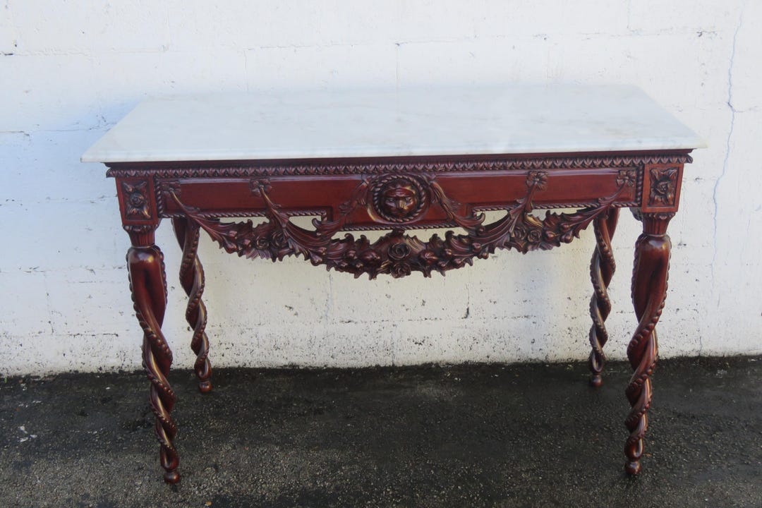 Heavy Carved Lion Head Mahogany Marble Top Console Entry Table 5606 ...