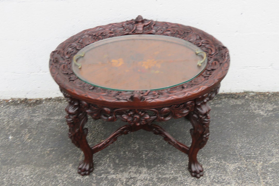 Early Victorian Heavy Hand Carved Cherub Inlay Coffee Table With Glass ...