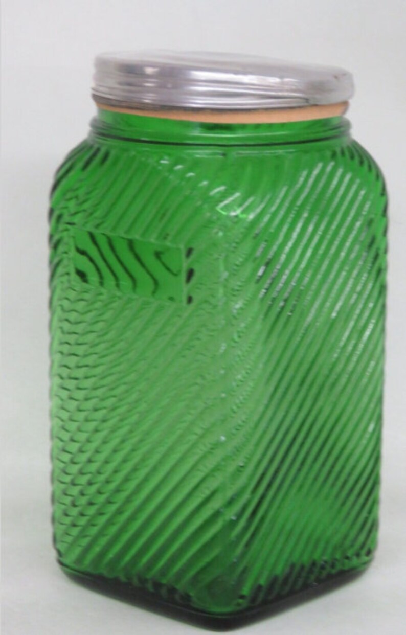 Owens Illinois Diagonal Ribbed Emerald Green Glass Sugar Jar Canister ...