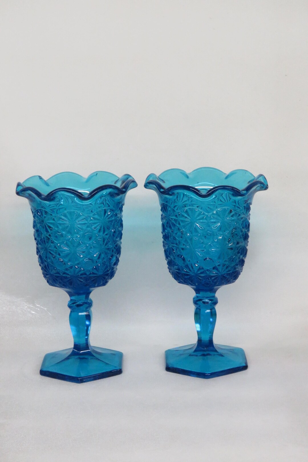 Pair LE Smith Glass Daisy Button Colonial Blue Crimped Compotes Cups ...