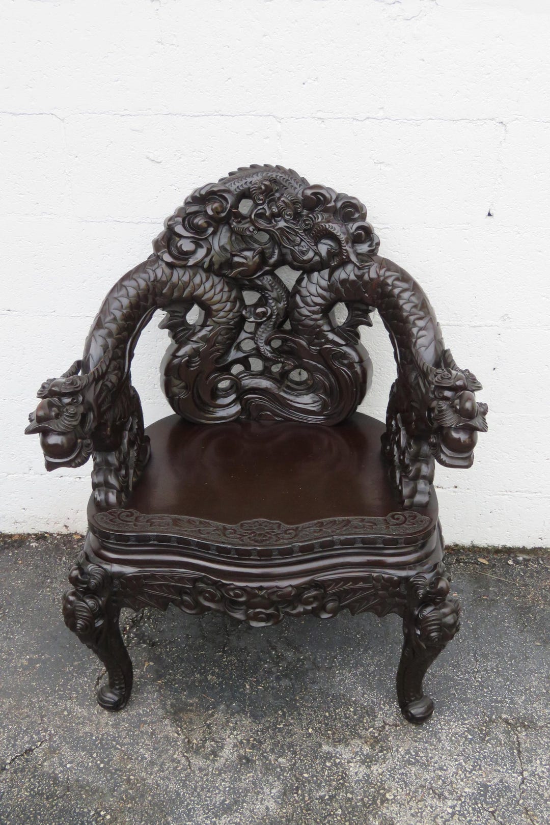 Early 1900s Heavy Hand Carved Chinese Dragon Side Arm Chair 5256 ...