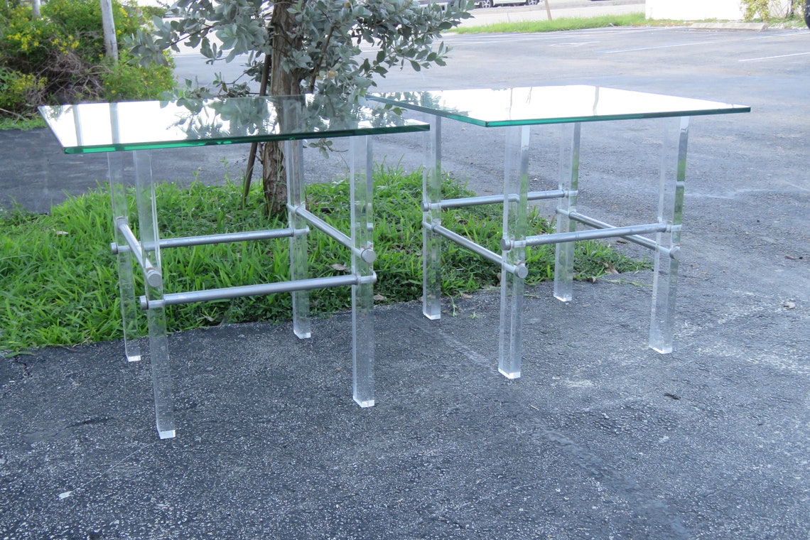 Mid Century Lucite Acrylic Glass Top Pair of Side Tables 2264 | Etsy