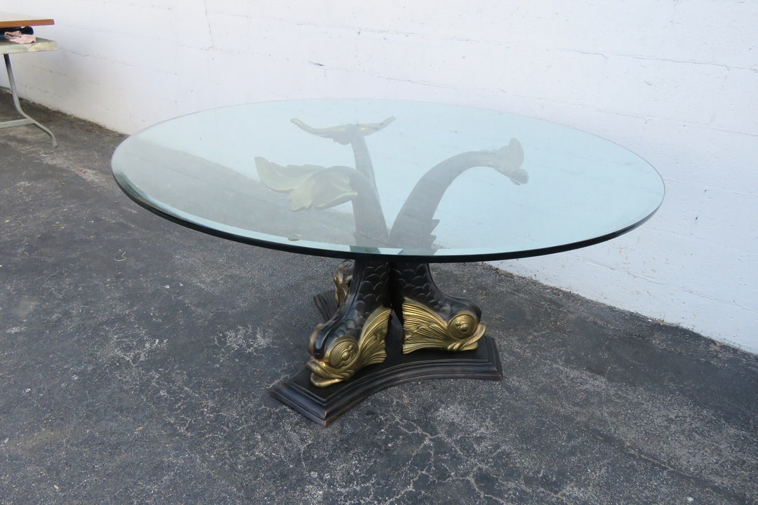 Hollywood Regency Brass Dolphin Base Round Glass Top Dining Table 4007 ...