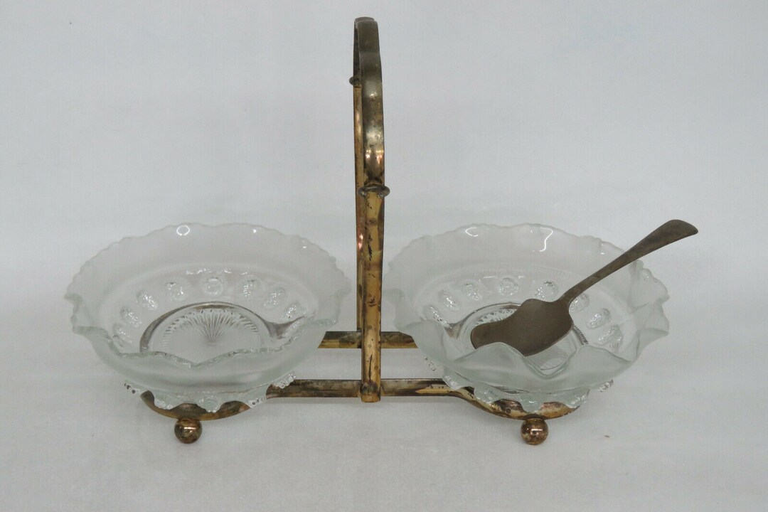 Frosted Glass Relish Condiment Serving Dishes With Metal Caddy and ...
