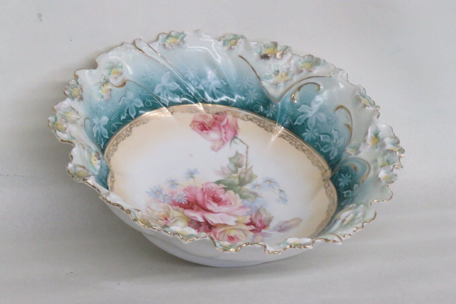 RS Prussia Style Large Porcelain Floral Pink Roses Blue Bowl 3165B - Etsy