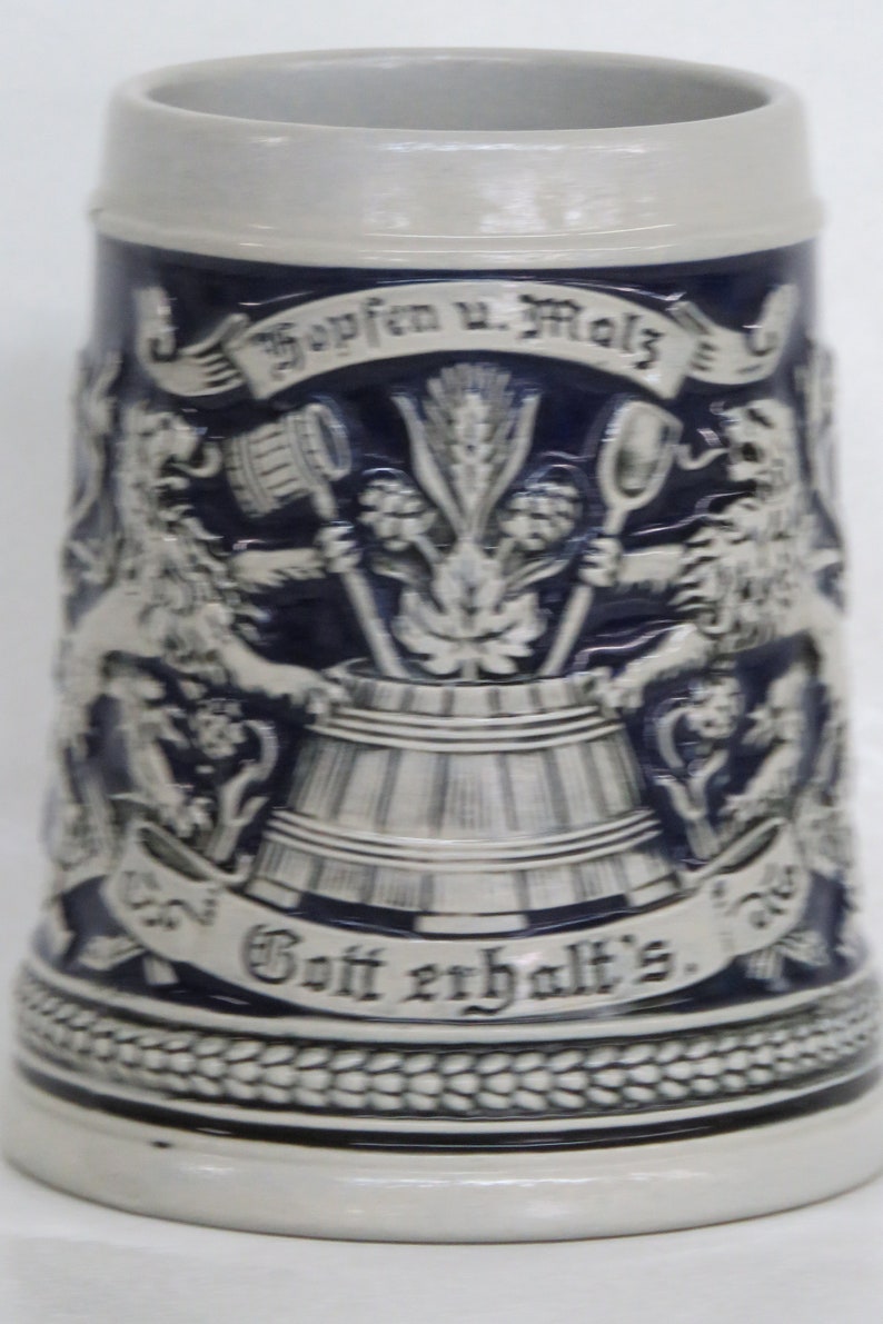 Gerz Hopfen U Malz Gott Erbalts German Blue Gray Pottery Beer Mug Stein ...