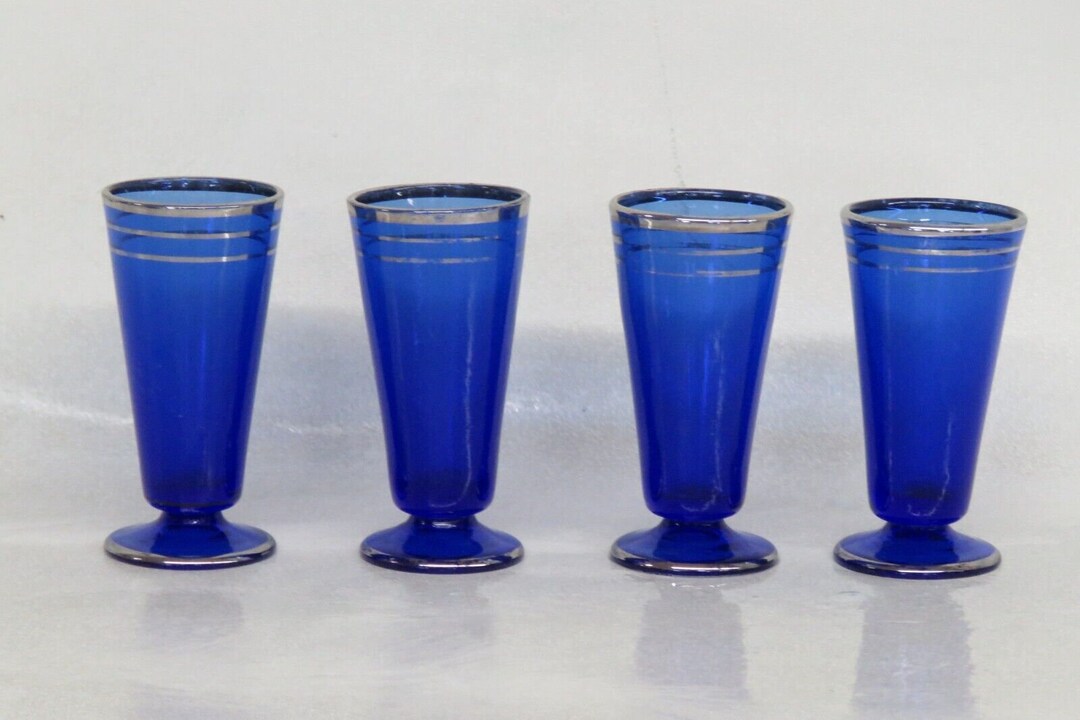Cobalt Blue Glass Silver Striped Set Of 4 Footed Shot Glasses Etsy