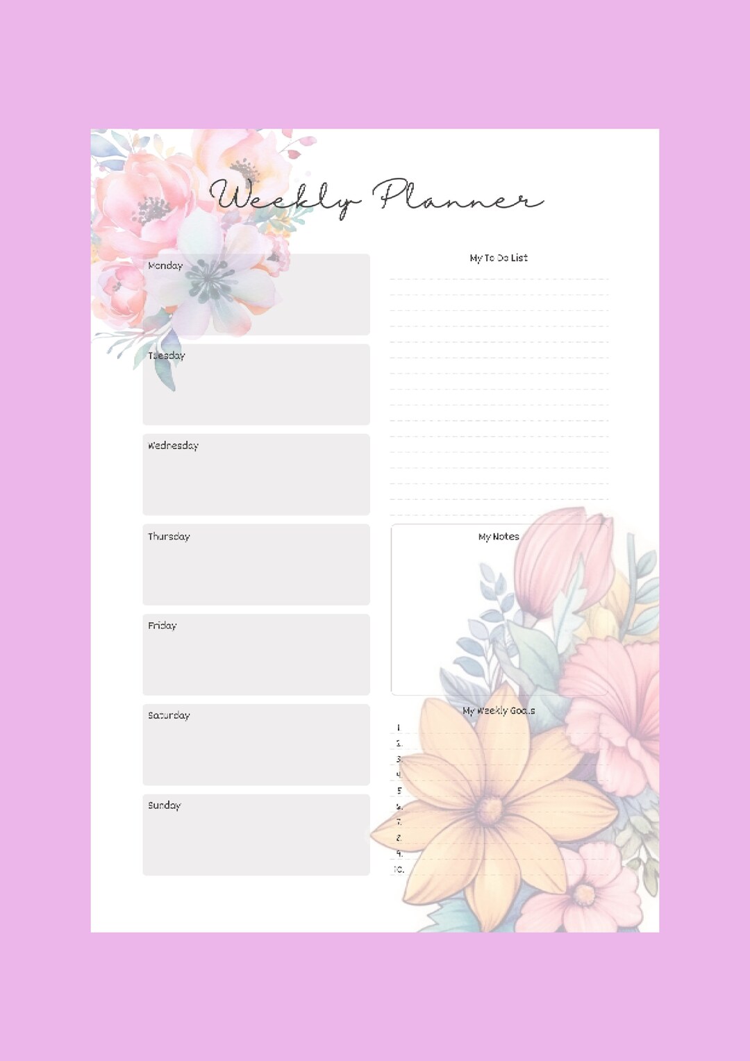 Flower 2 Weekly Planner Printable PDF - Etsy