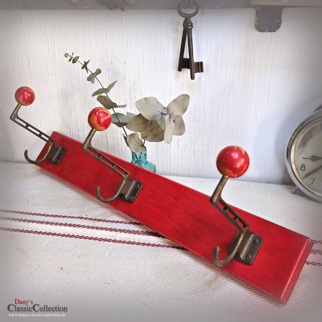 Red Painted Coat Rack ~ Rustic Wooden Rack ~ Metal Hanger With Red ...