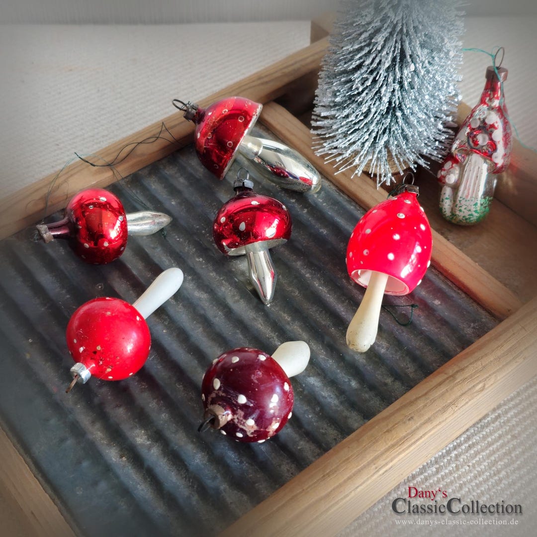 Seven Different Vintage Glass Mushrooms ~ Toadstool Xmas Tree Ornaments ~ Merry Xmas ~ Seasonal ...