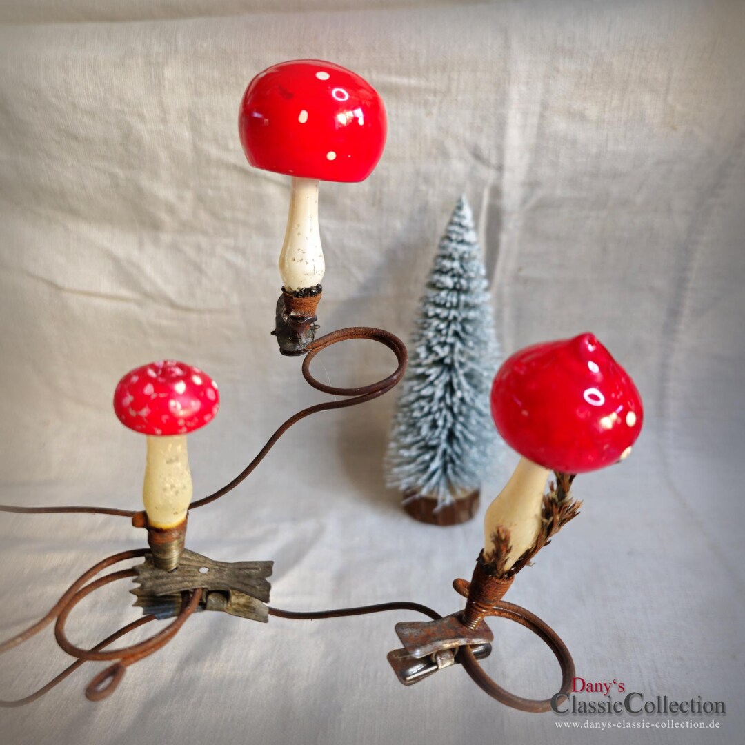 3 Vintage Glass Mushrooms on Clip ~ Toadstool ~ German Xmas Tree Ornament ~ Merry Xmas ...
