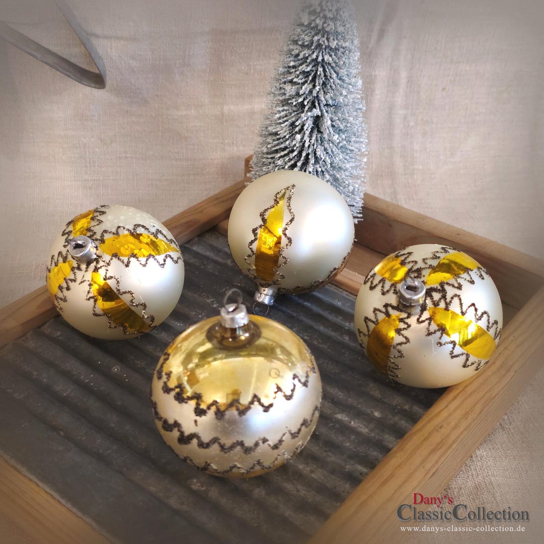 4 Lovely German Christmas Tree Balls ~ Silver-gold Xmas Tree Ornaments ...