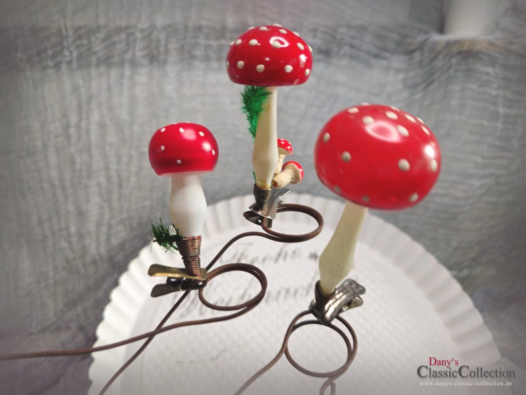 3 Vintage Glass Mushrooms on Clip ~ Toadstool ~ German Xmas Tree Ornament ~ Merry Xmas ...