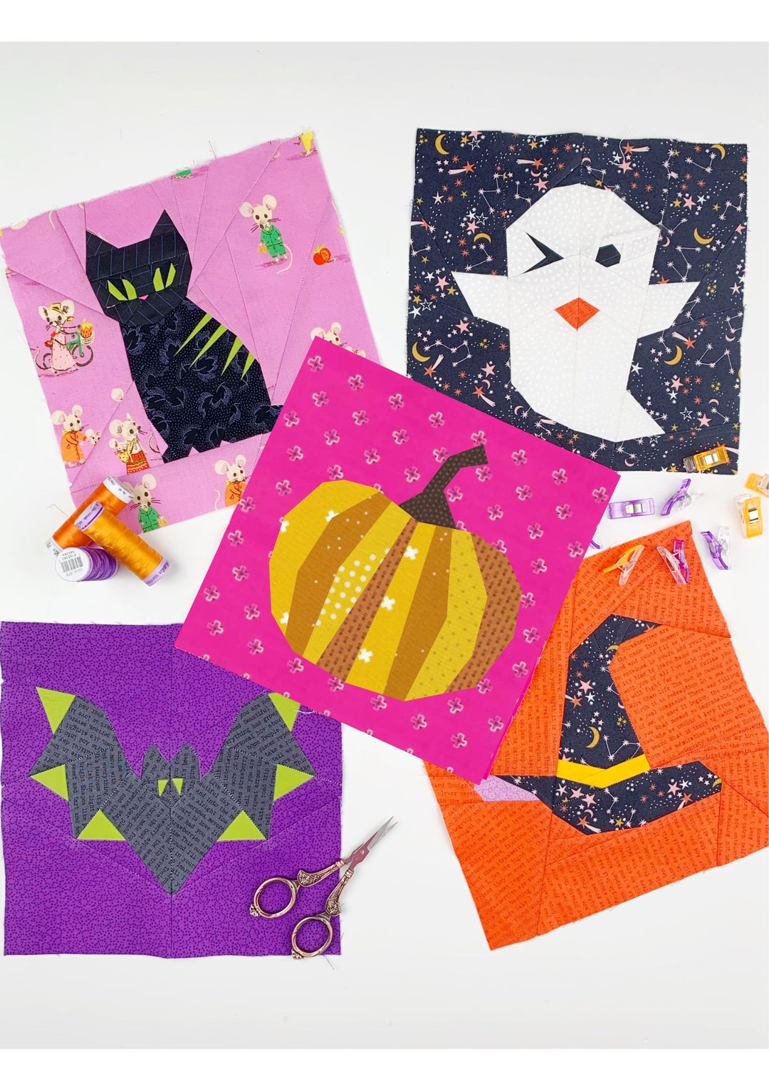 Halloween Quilt Block Pattern Set of 5, Multiple Sizes Paper Pieced ...