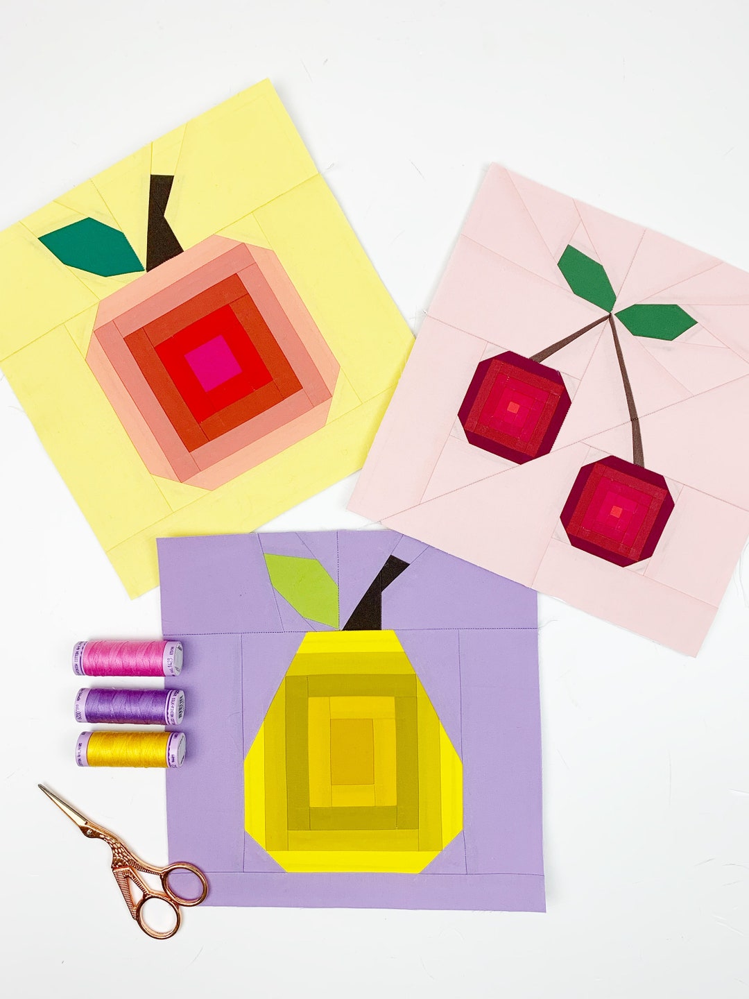 Log Cabin Fruits Quilt Block Pattern: Apple, Pear, Cherries (PDF ...