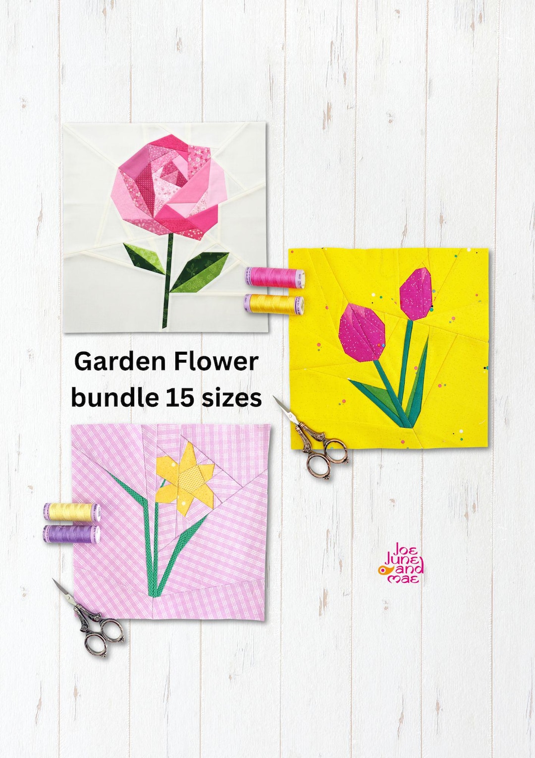 Garden Flower Bundle 15 Sizes: Quilt Block Pattern Set of 3 Patterns ...
