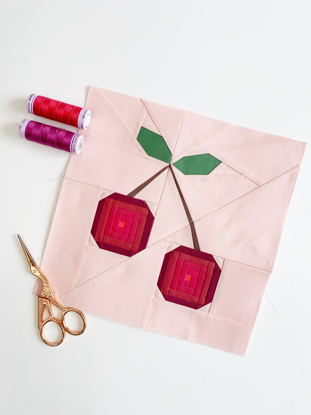 Log Cabin Cherries Quilt Block Pattern, 3 Sizes,foundation Paper ...