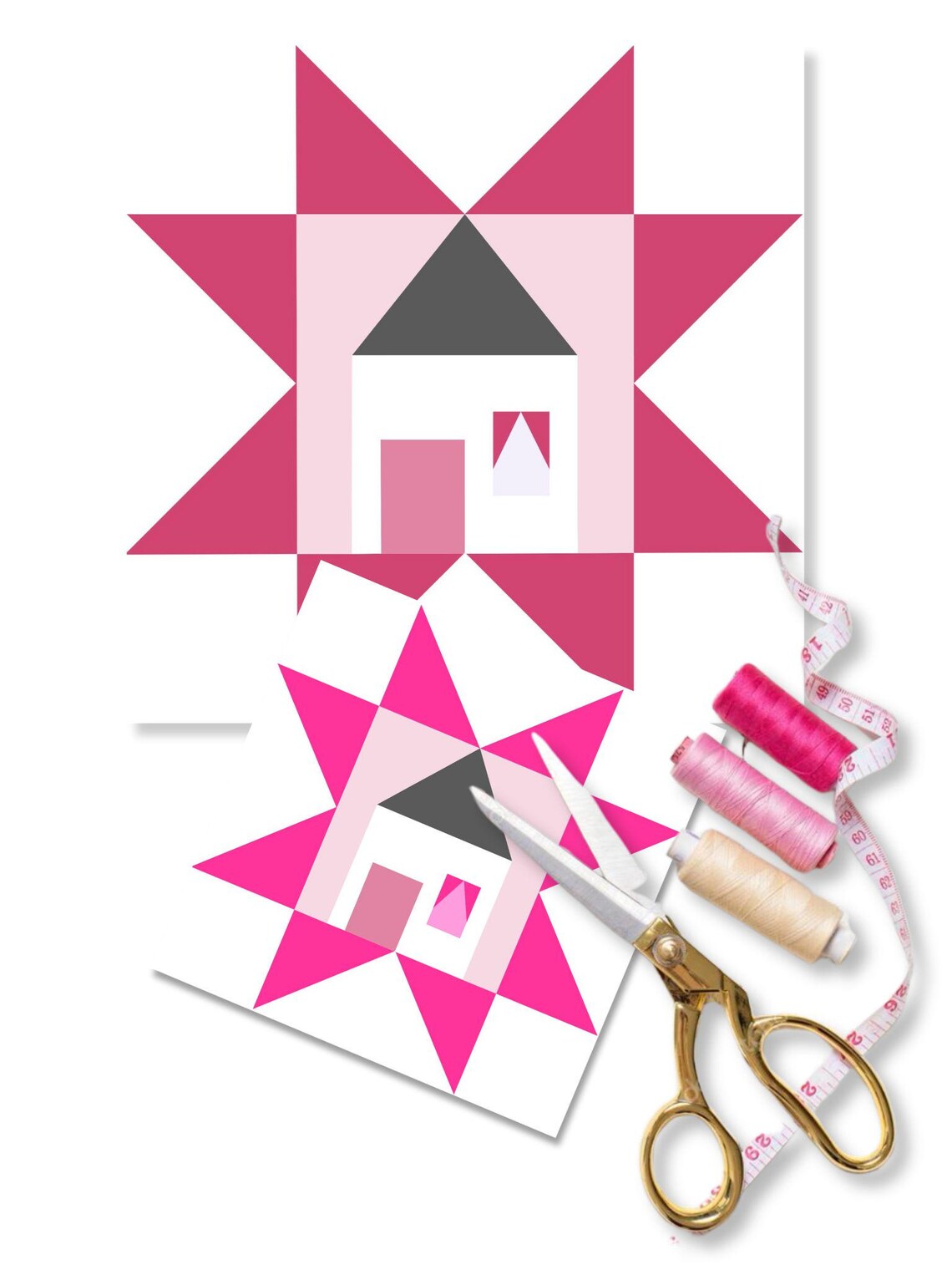 House in Sawtooth Star Quilt Block: FPP Pattern, 5 Sizes (PDF Pattern ...