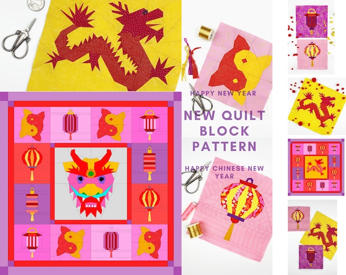 Chinese Dragon Head Quilt Block Pattern, 2 Sizes, Asian Decor (PDF ...