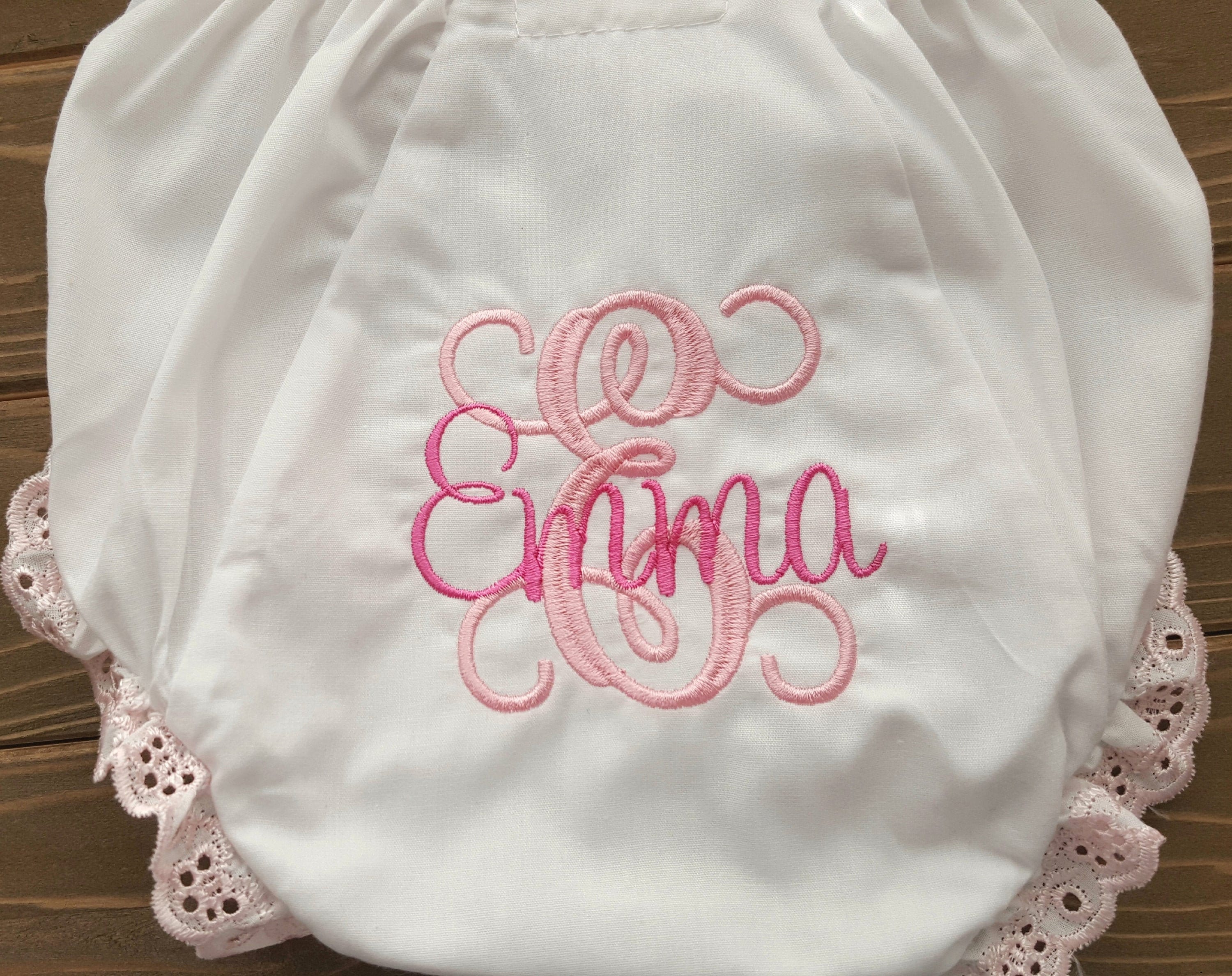 Personalized Baby Bloomers With Pink Eyelet Edging, Custom Monogram ...