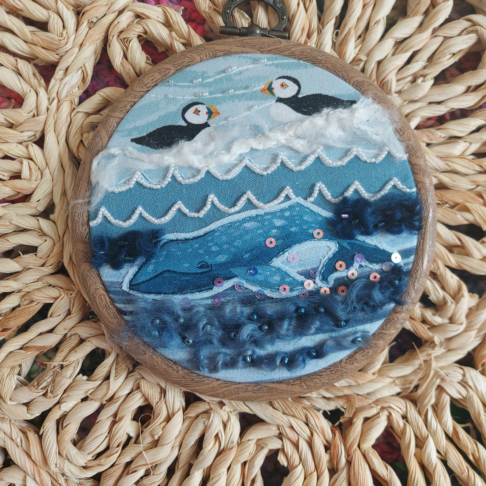 Puffin Ornament, Blue Whale Art, Nautical Decor for Bathroom, Finished ...