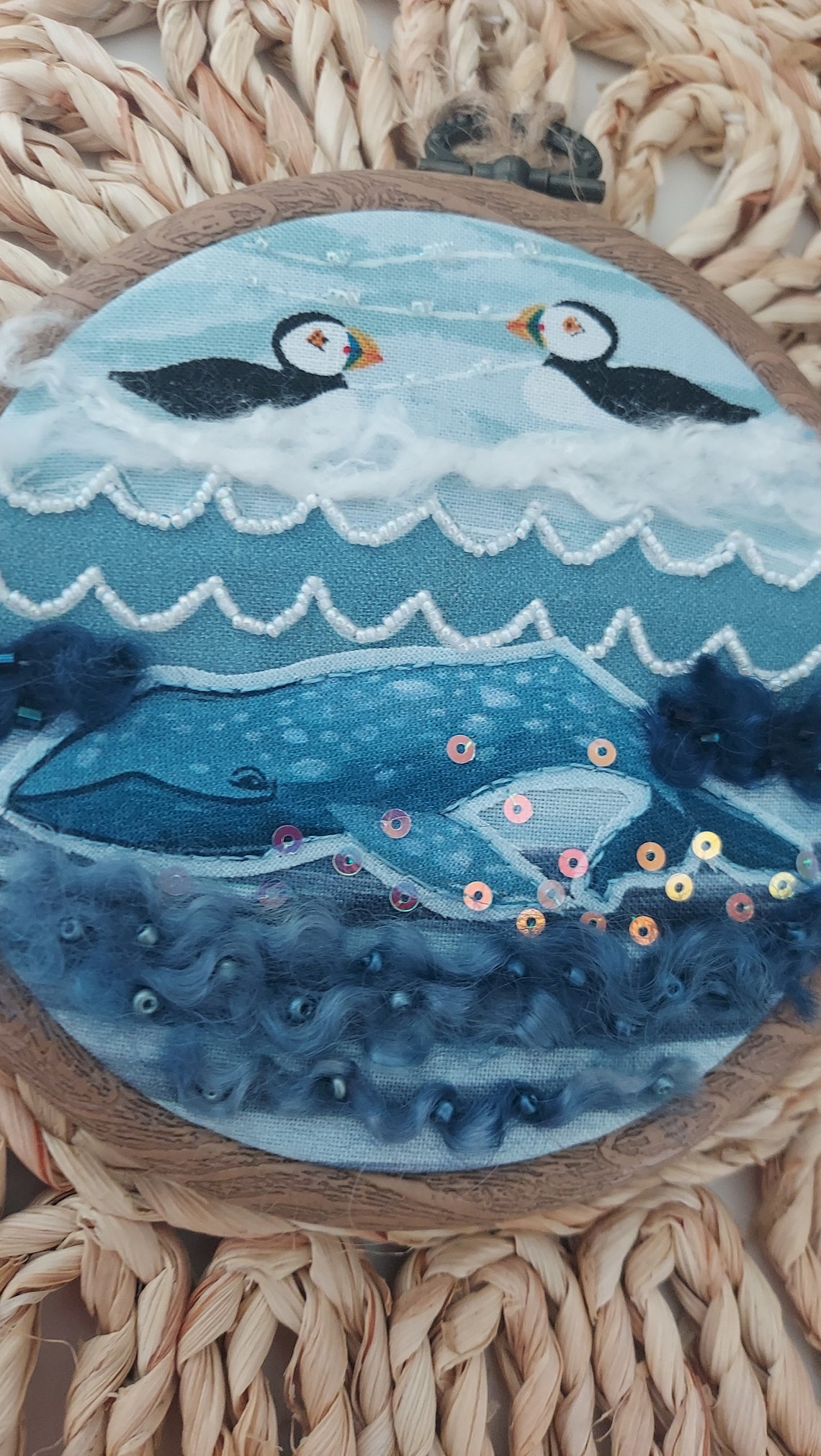 Puffin Ornament, Blue Whale Art, Nautical Decor for Bathroom, Finished ...