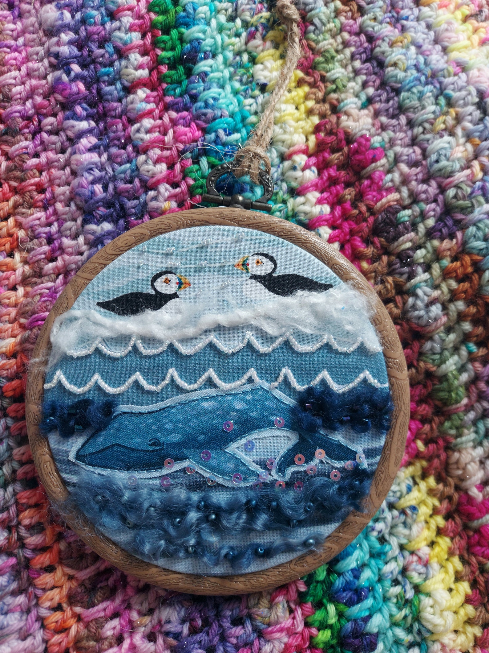 Puffin Ornament, Blue Whale Art, Nautical Decor for Bathroom, Finished ...