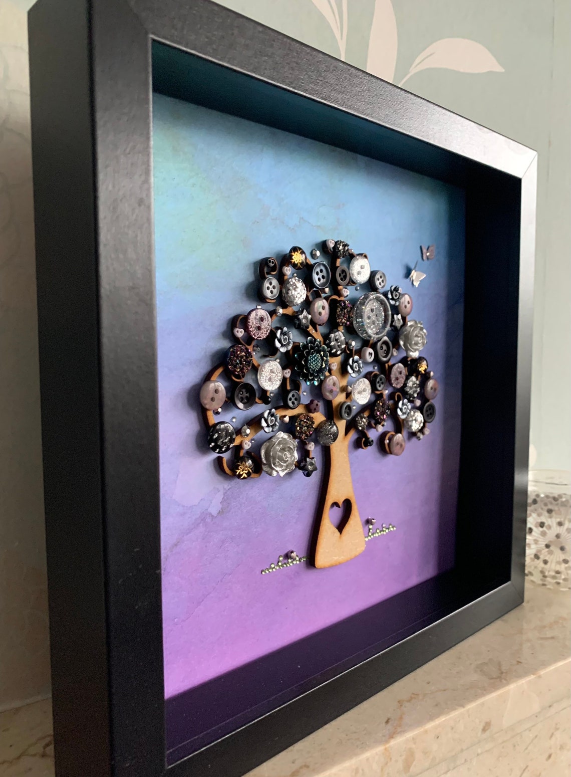 The Black Button Tree, Button Art, Tree Frame Gift, Black and Silver ...