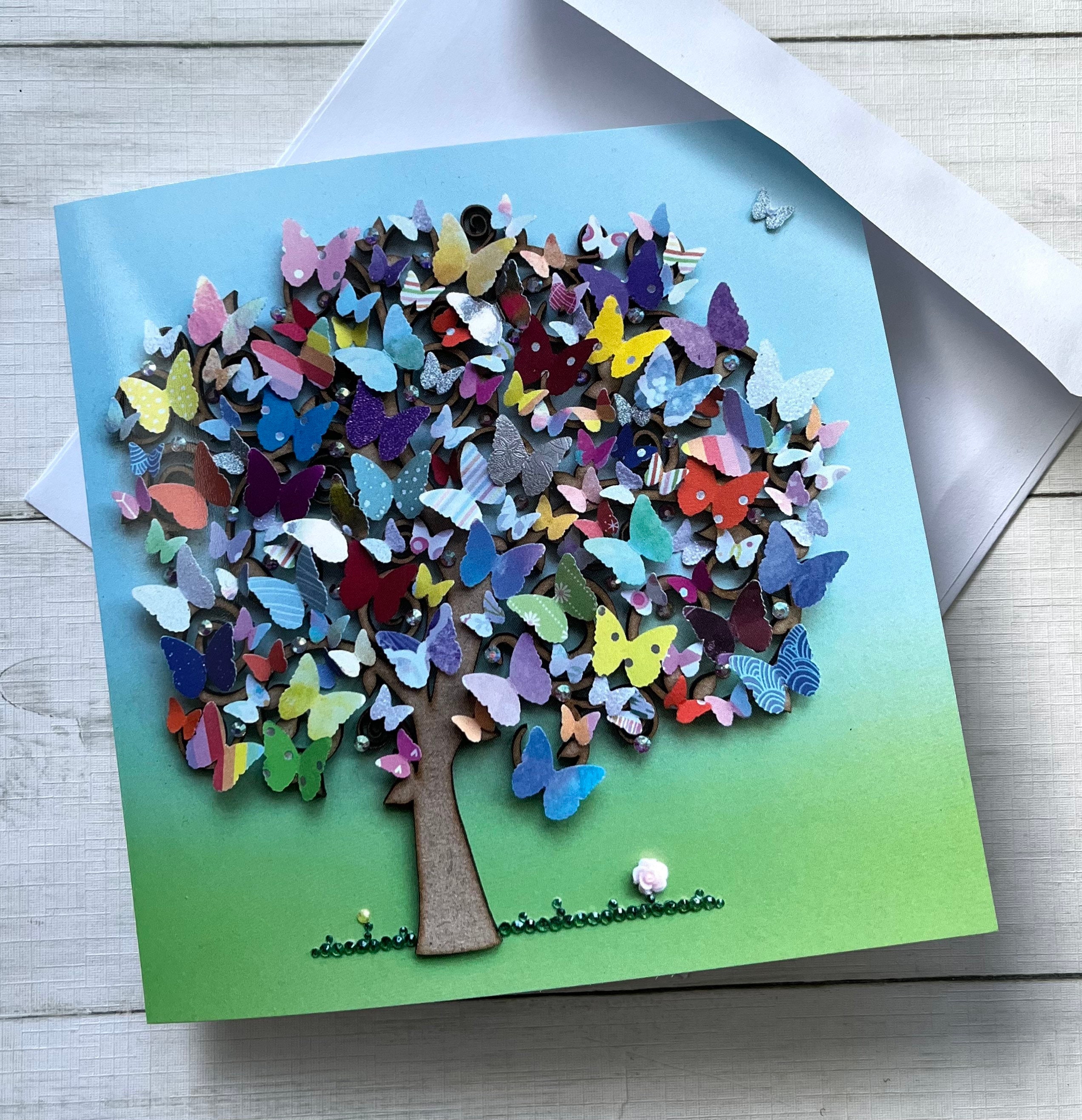 PRINTED (A) Set of 4 Butterfly Tree Cards, 14x14cm Tree Art Card Set ...
