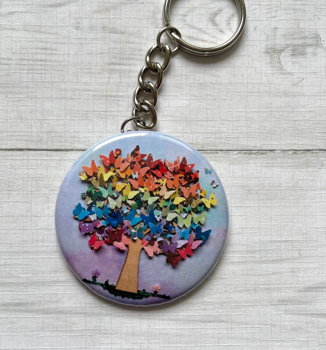 PRINTED Individual Butterfly Tree Keyring, Round Metal Keyring, Rainbow ...