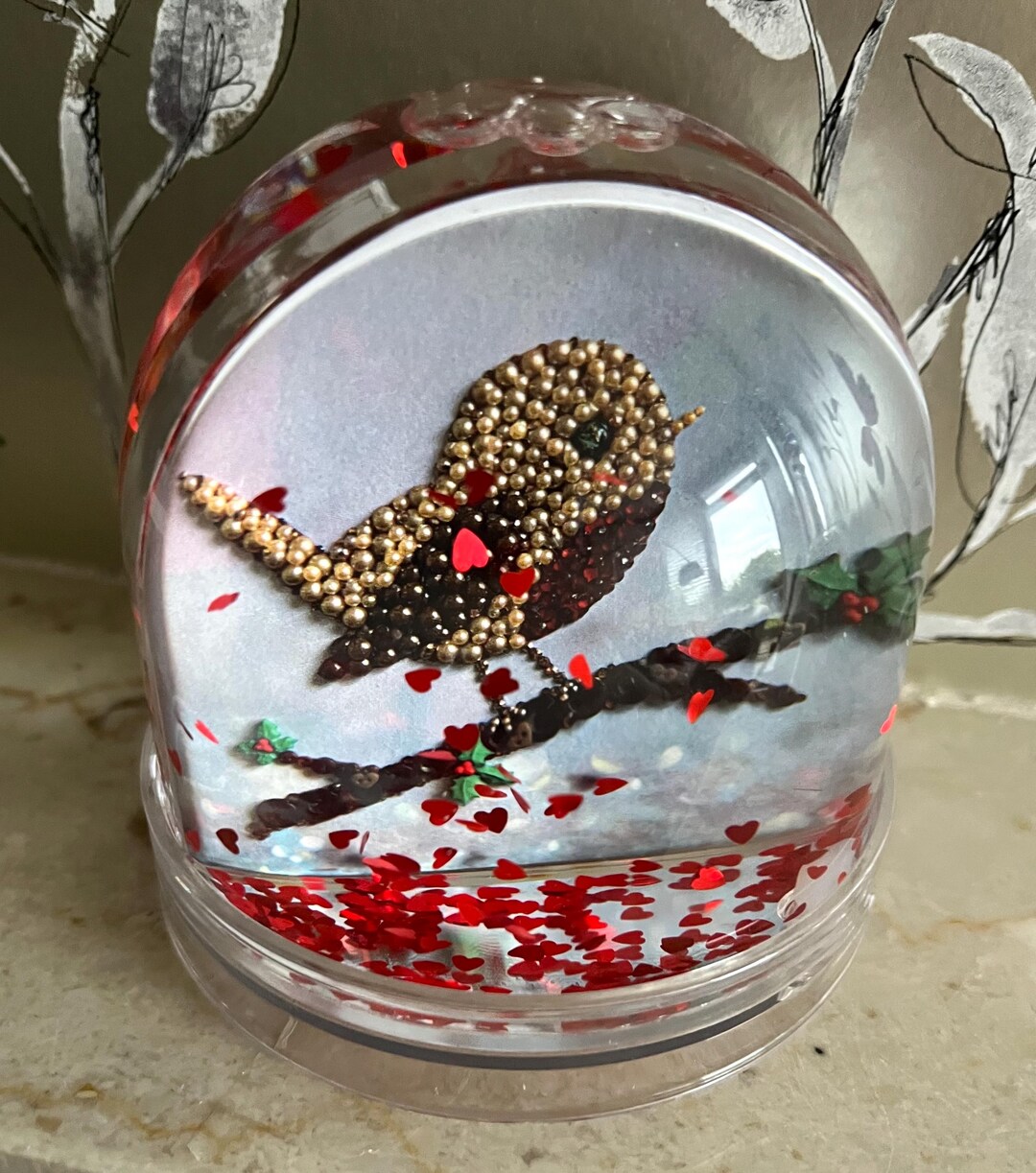 PRINTED Robin Art Snow Globe, Heart Confetti Theme Decor, Robin ...