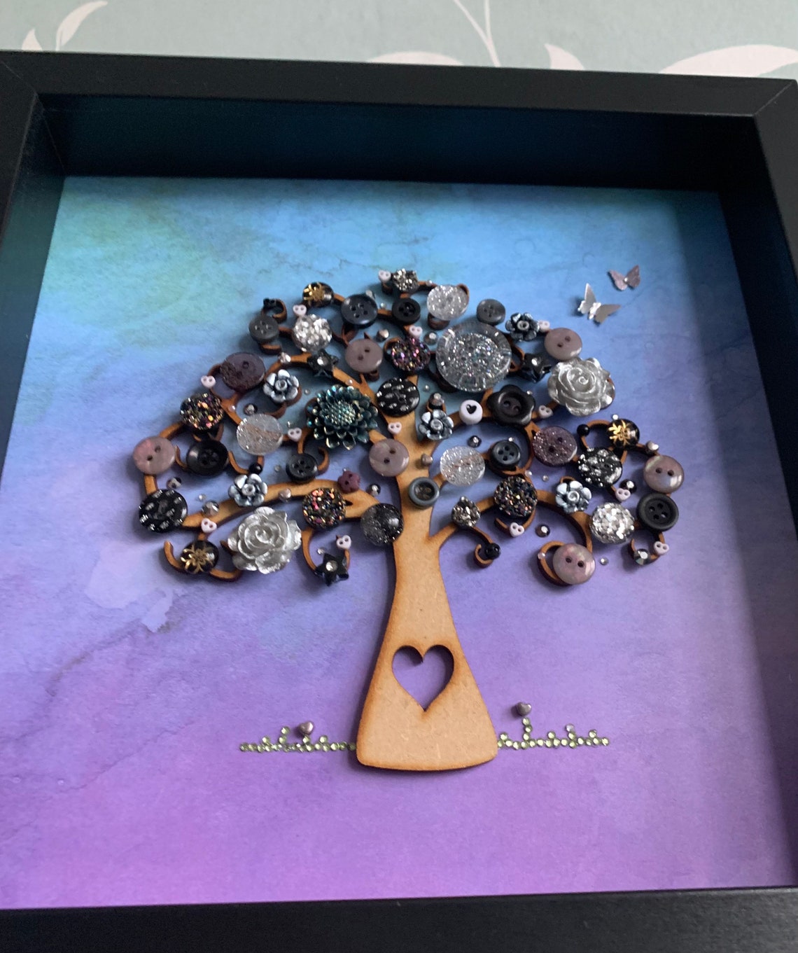 The Black Button Tree, Button Art, Tree Frame Gift, Black and Silver ...