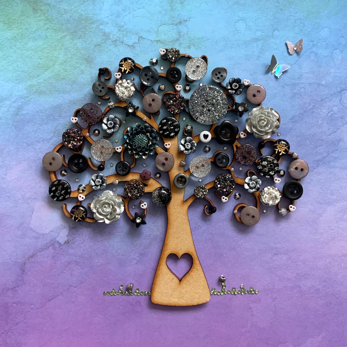 The Black Button Tree, Button Art, Tree Frame Gift, Black and Silver ...