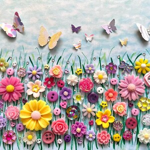 The Colourful Flower Meadow, Button Floral Wall Art, Nature Theme Decor ...