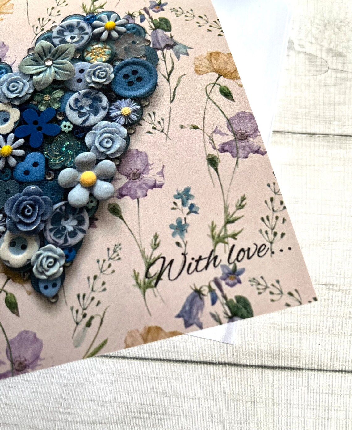 PRINTED Blue Floral Heart Card, Glossy With Love Card, Flat Printed ...