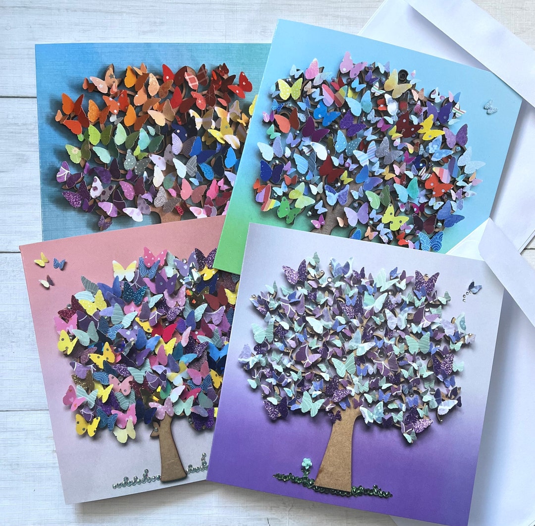 PRINTED (A) Set of 4 Butterfly Tree Cards, 14x14cm Tree Art Card Set ...