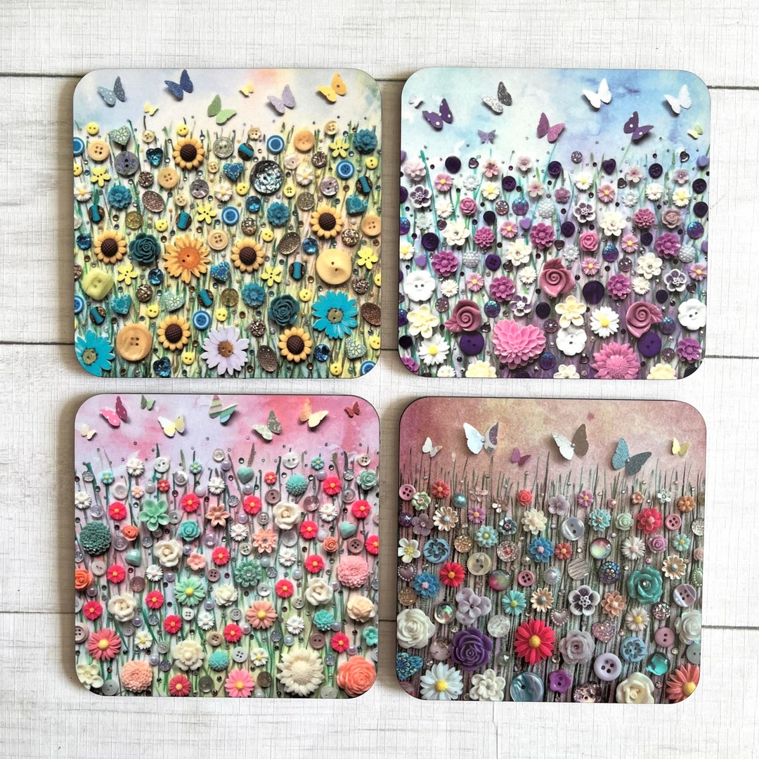 PRINTED (not 3D) Individual Meadow Art Coasters, Floral Drinks Mat ...