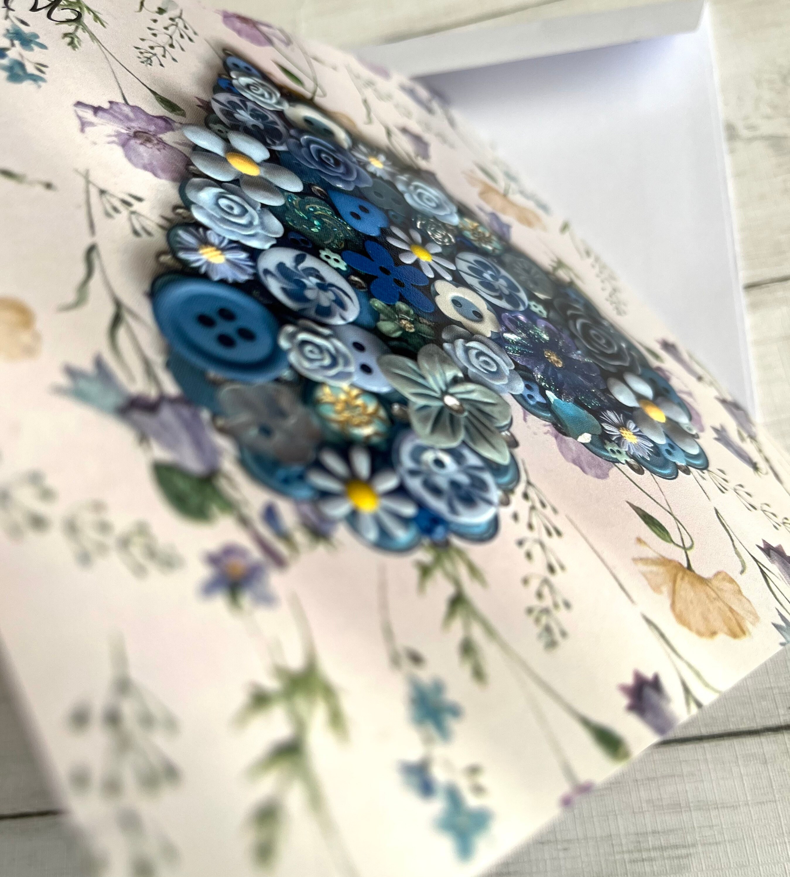 PRINTED Blue Floral Heart Card, Glossy With Love Card, Flat Printed ...