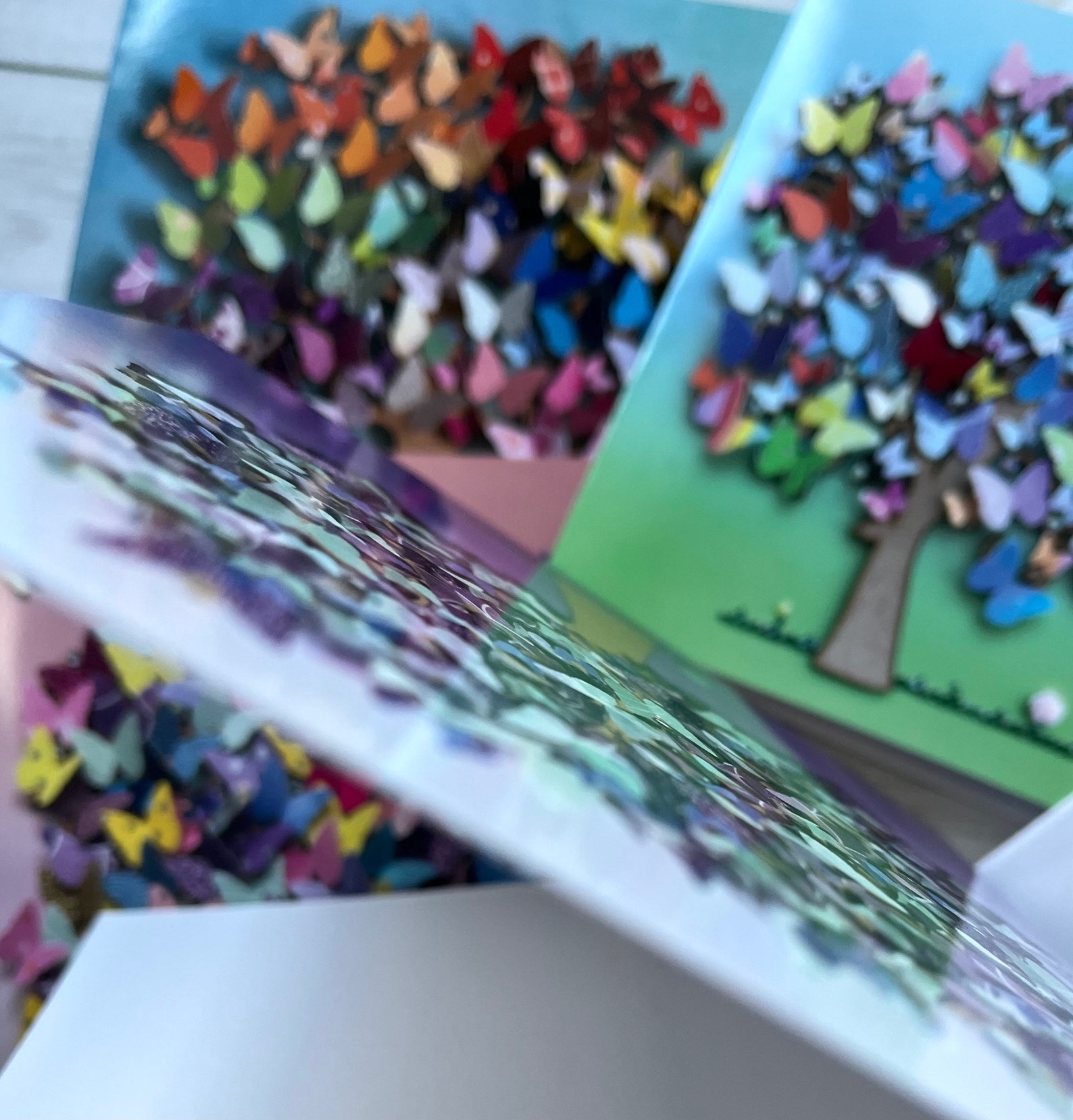 PRINTED (A) Set of 4 Butterfly Tree Cards, 14x14cm Tree Art Card Set ...
