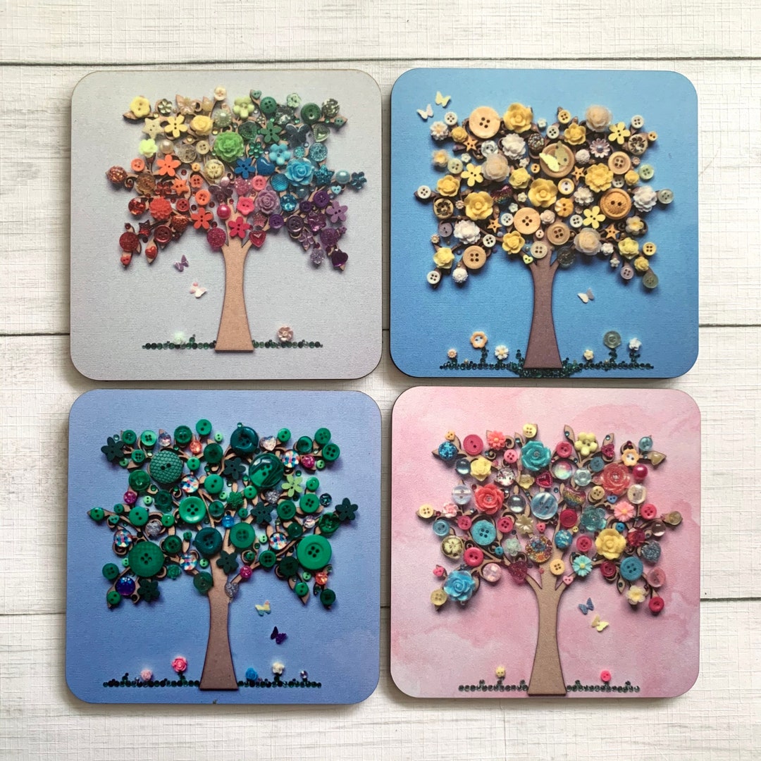 PRINTED Individual Tree Art Coasters, Colourful Tree Coasters, Rainbow ...