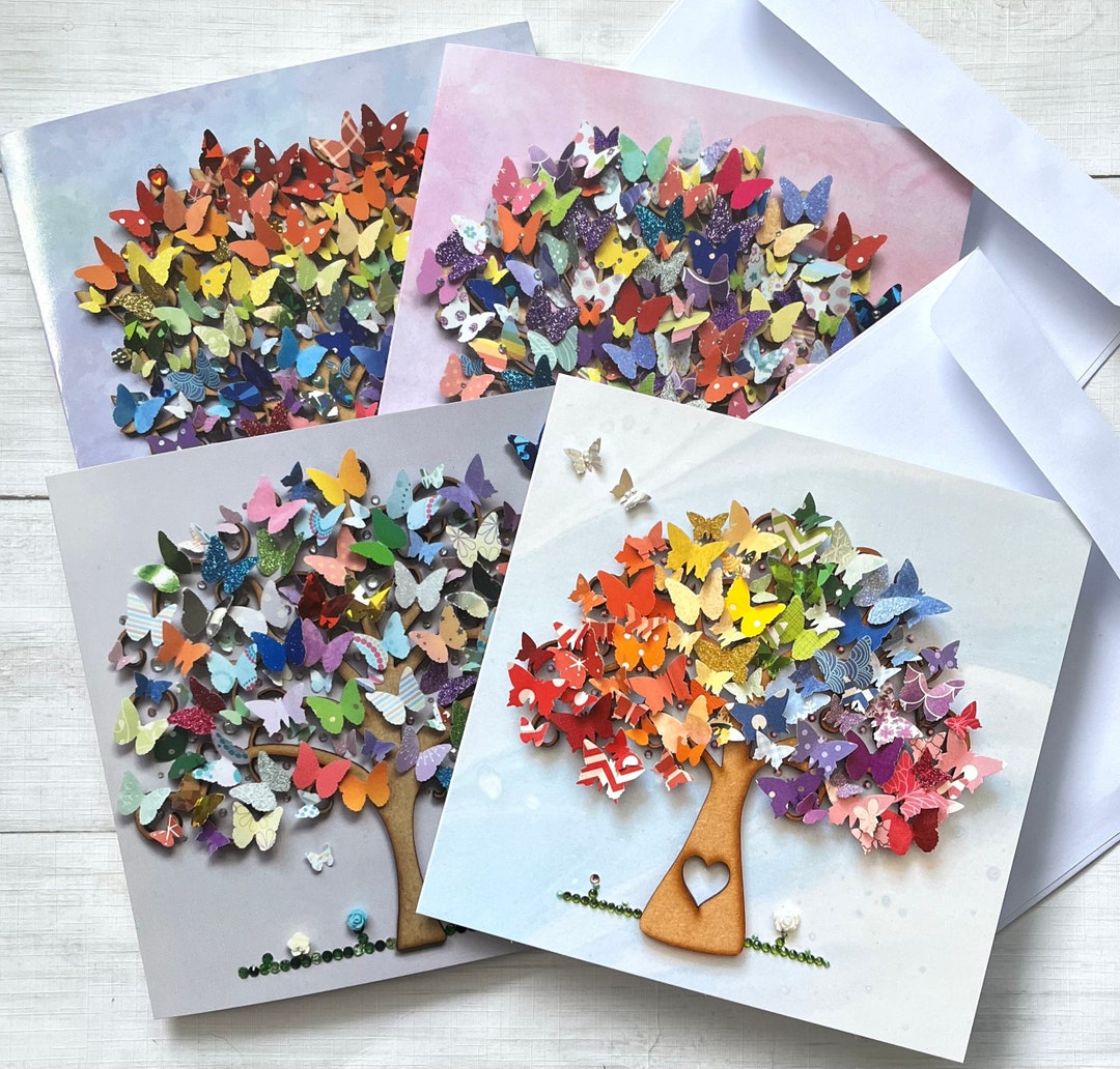 PRINTED (B) Set of 4 Butterfly Tree Cards, 14x14cm Tree Art Card Set ...
