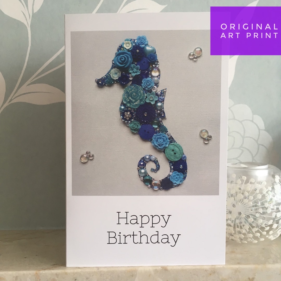 PRINTED Seahorse Art Birthday Cards, Flat Printed Cards, Seahorse Theme ...