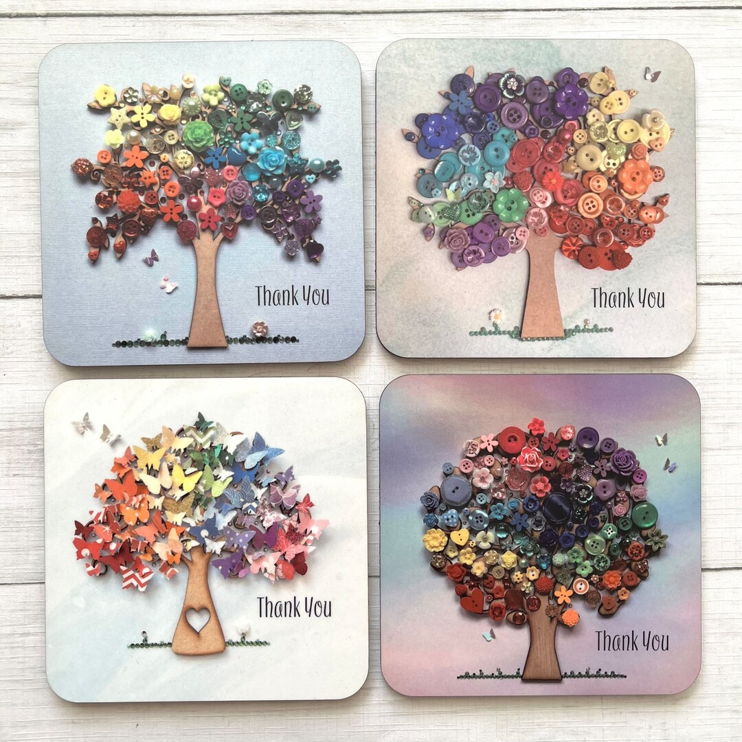 PRINTED Individual Thank You Rainbow Tree Art Coasters, Tree Art Drinks ...